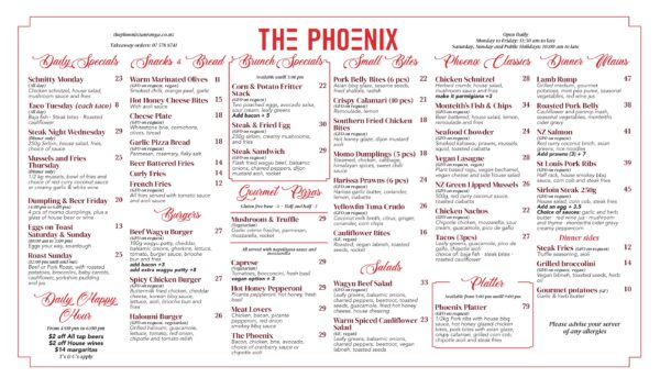 Menus – The Phoenix Tauranga
