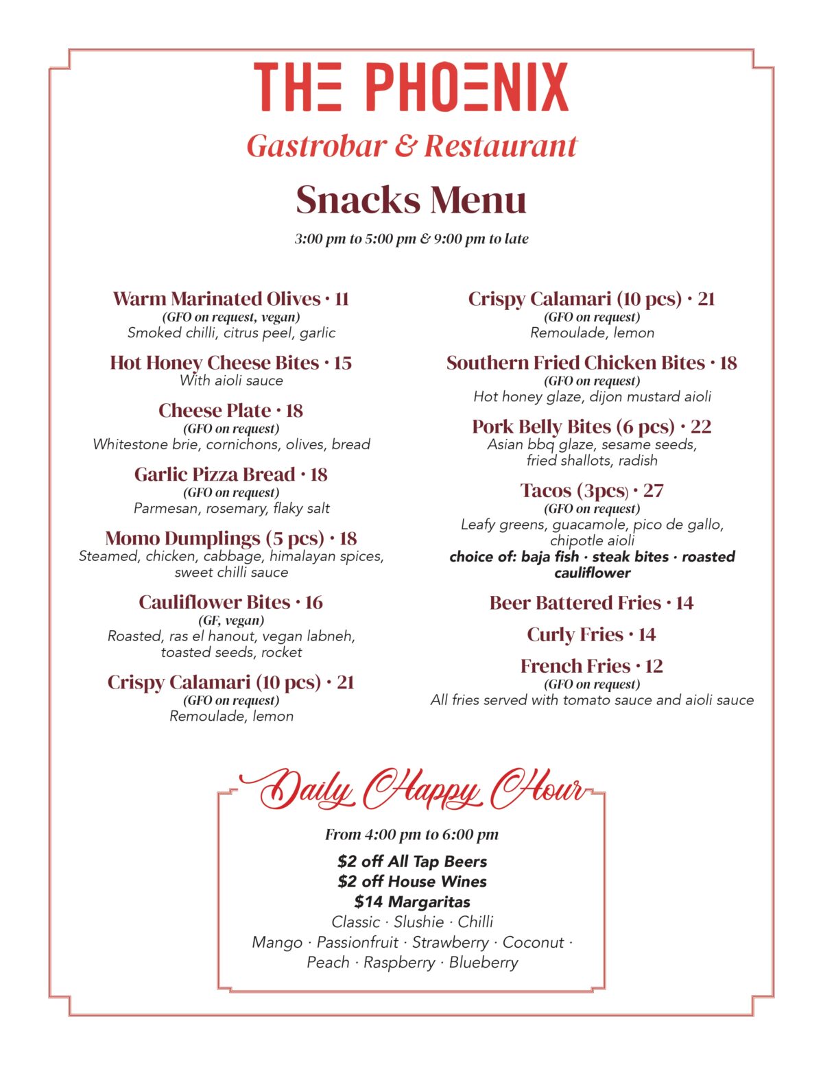 Menus – The Phoenix Tauranga